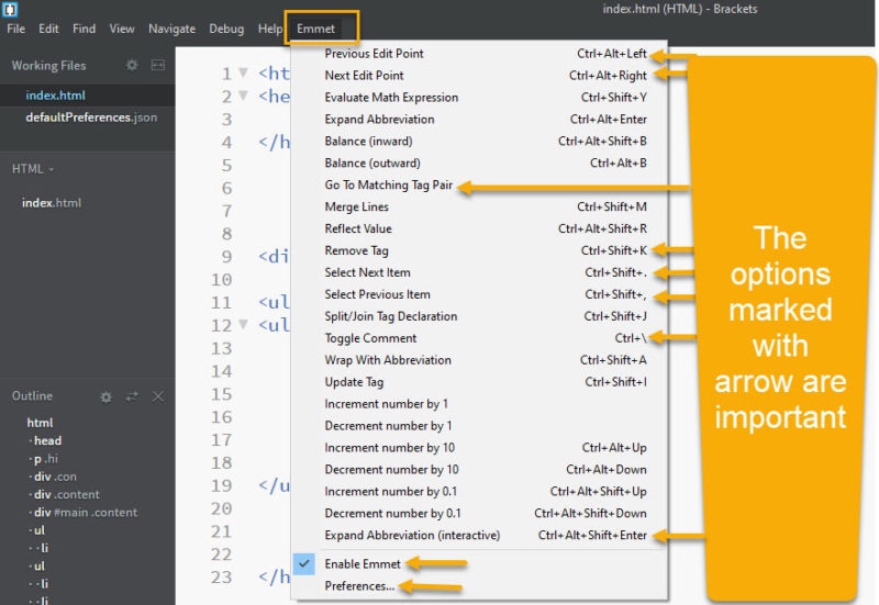 Brackets emmet — TutorialBrain